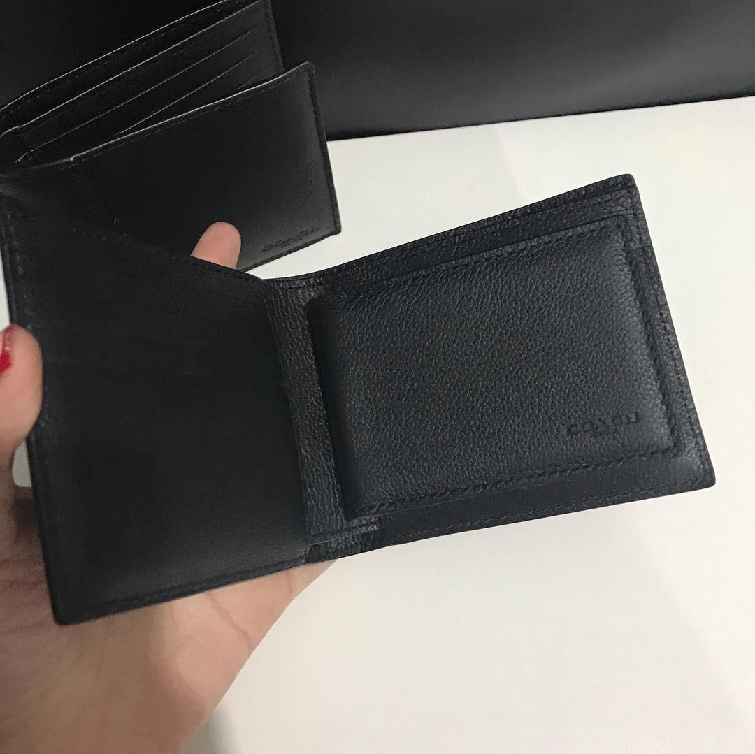 Coach Men Compact ID Wallet Baseball Stitches Black Pebble Leather ...