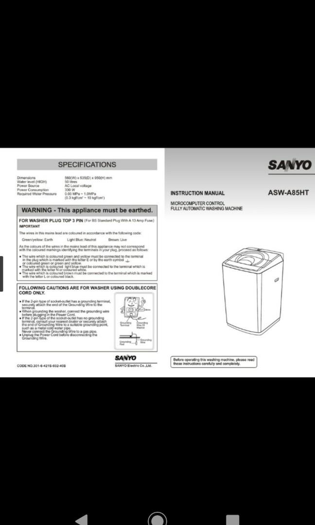Sanyo ASW-A85HT Top Load Washing Machine, TV & Home Appliances, Washing ...