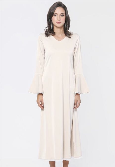 FV Basics Arabelle Flared Sleeve Eyelet Dress In Nude, Women's Fashion ...