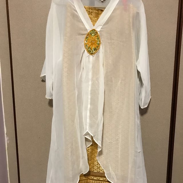 White Gold Songket Raya Outfit, Women's Fashion, Dresses & Sets ...