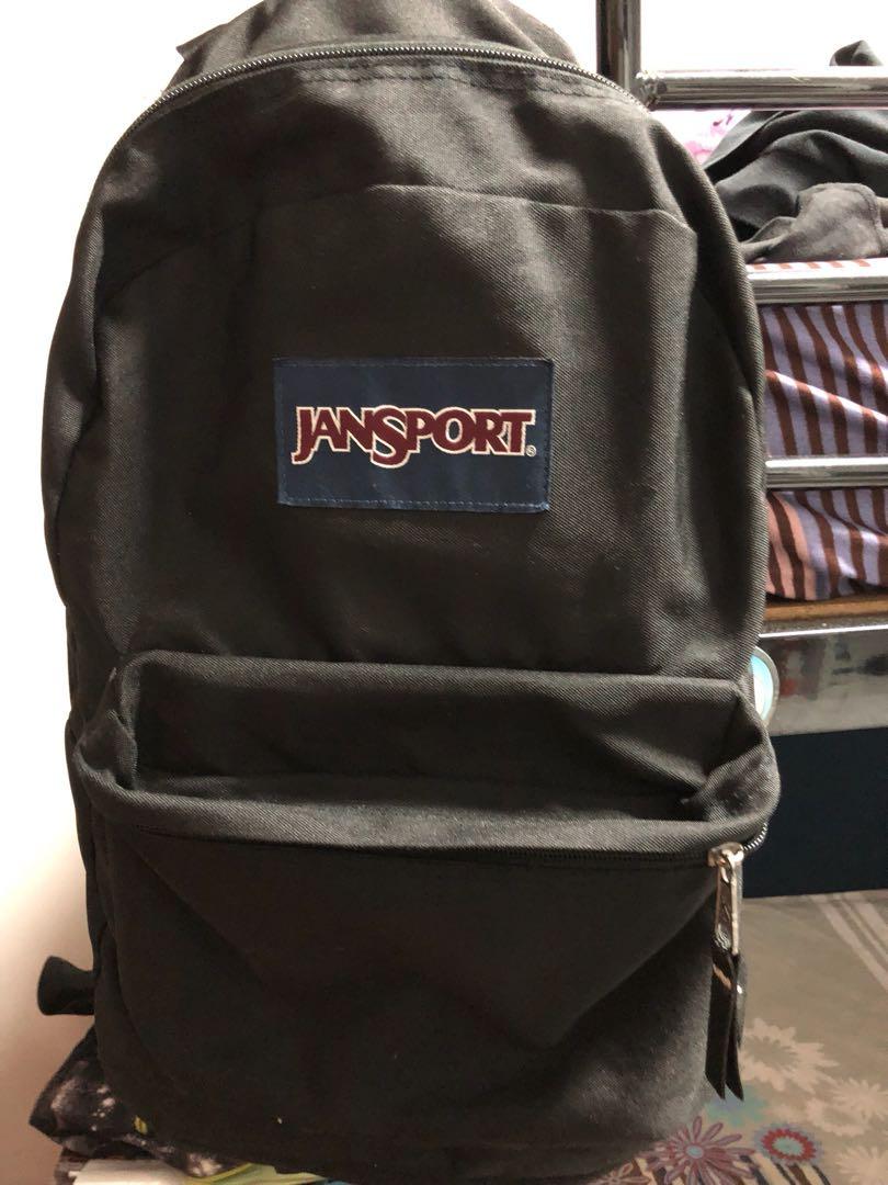VTG 90s Jansport Black Canvas School Work Leather Back