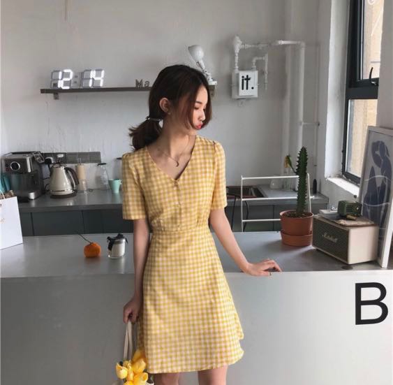 Vintage Yellow Checkered Dress, Women's Fashion, Dresses & Sets ...