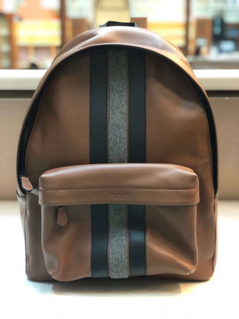 Coach Men’s Charles with Varsity Stripe Saddle Leather Backpack, Men's ...