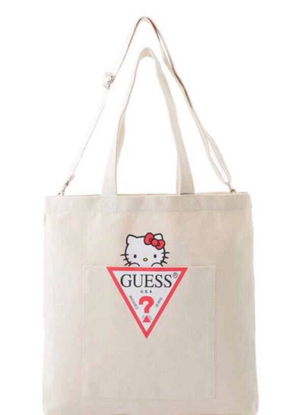 Guess x Hello Kitty Triangle Logo Canvas Tote Bag, Women's Fashion ...