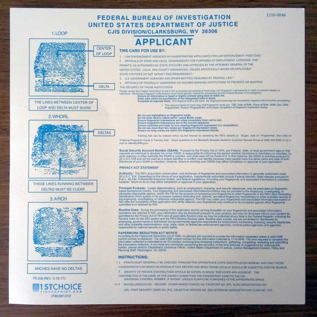 FD-258 US FBI Fingerprint Cards (Applicant Background/ Identity History ...