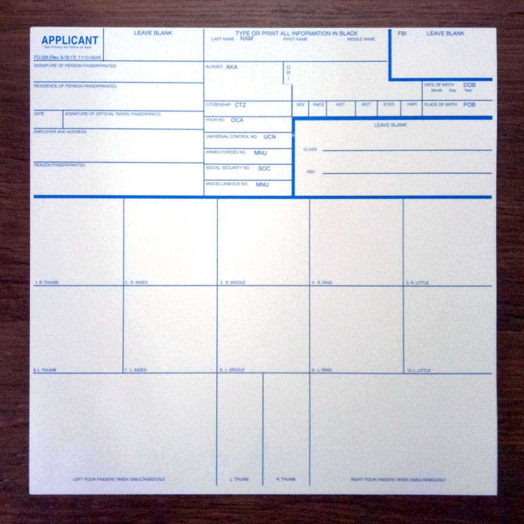 FD-258 US FBI Fingerprint Cards (Applicant Background/ Identity History ...