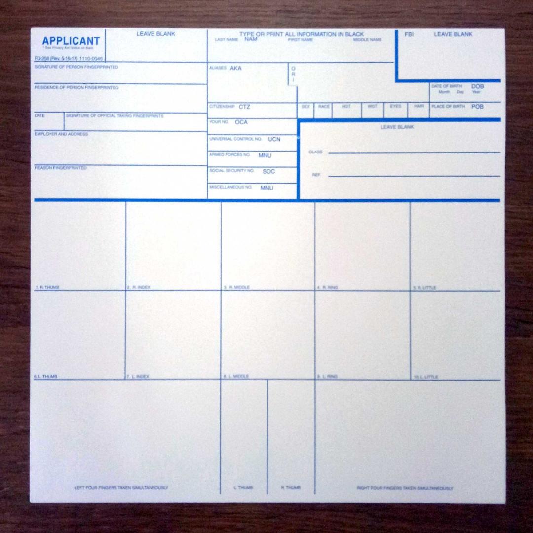 FD-258 US FBI Fingerprint Cards (Applicant Background/ Identity History ...