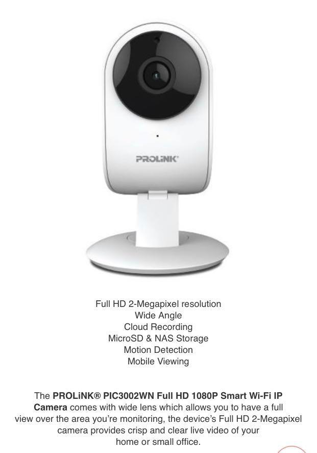 PROLiNK PIC3002WN Full HD 1080P Smart Wi-Fi IP Camera/ Night Vision / 2 ...