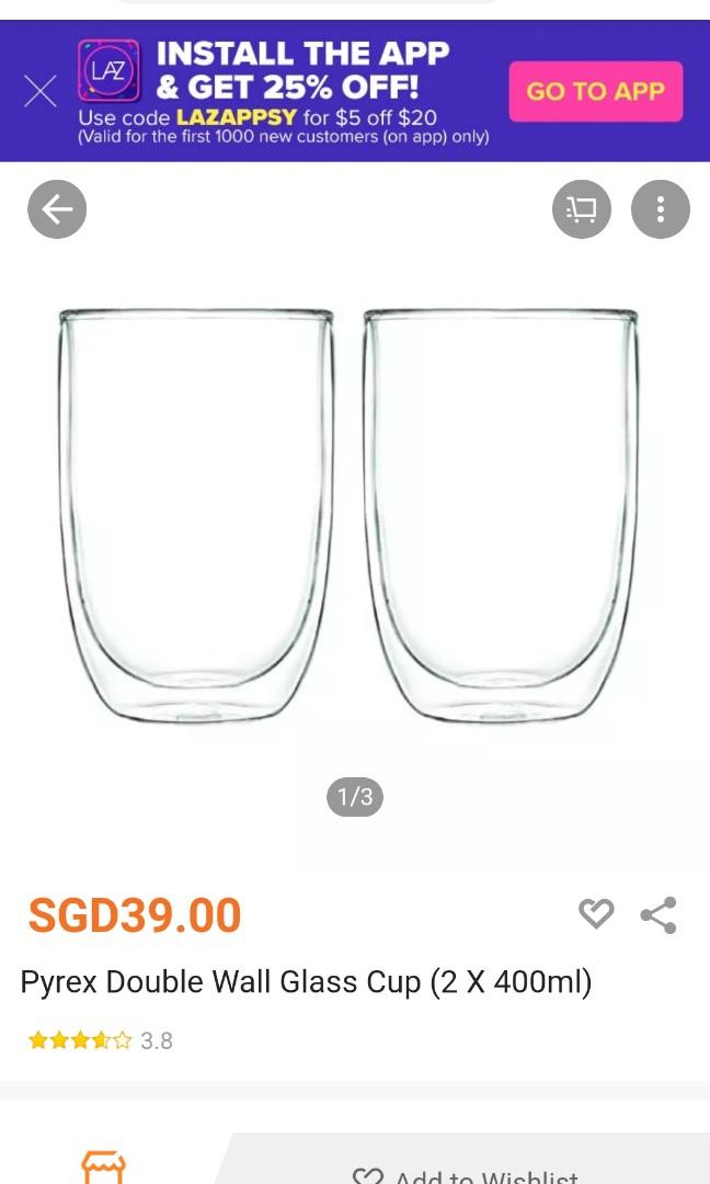 Pyrex double wall glass cup 400ml, Furniture & Home Living, Kitchenware ...