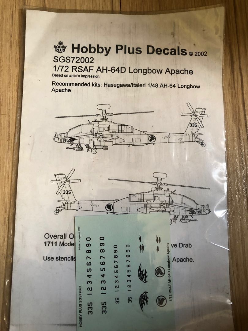 RSAF 1/72 AH-64D Longbow Apache Decal, Hobbies & Toys, Toys & Games on ...