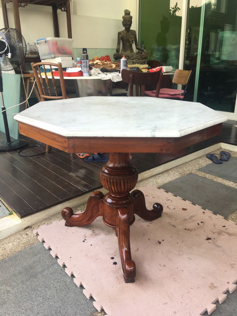 Hexagon Vintage Kopitiam Marble table, Furniture & Home Living ...