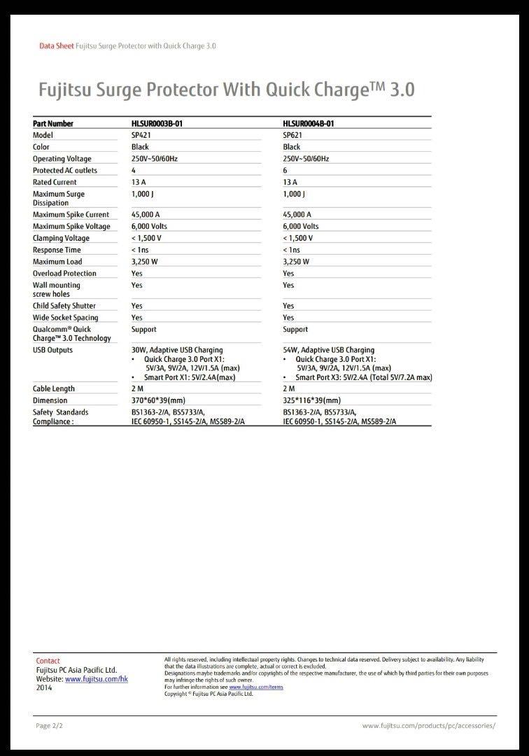 Fujitsu SP421 Surge Protector with Quick Charge 3.0 power extension ...