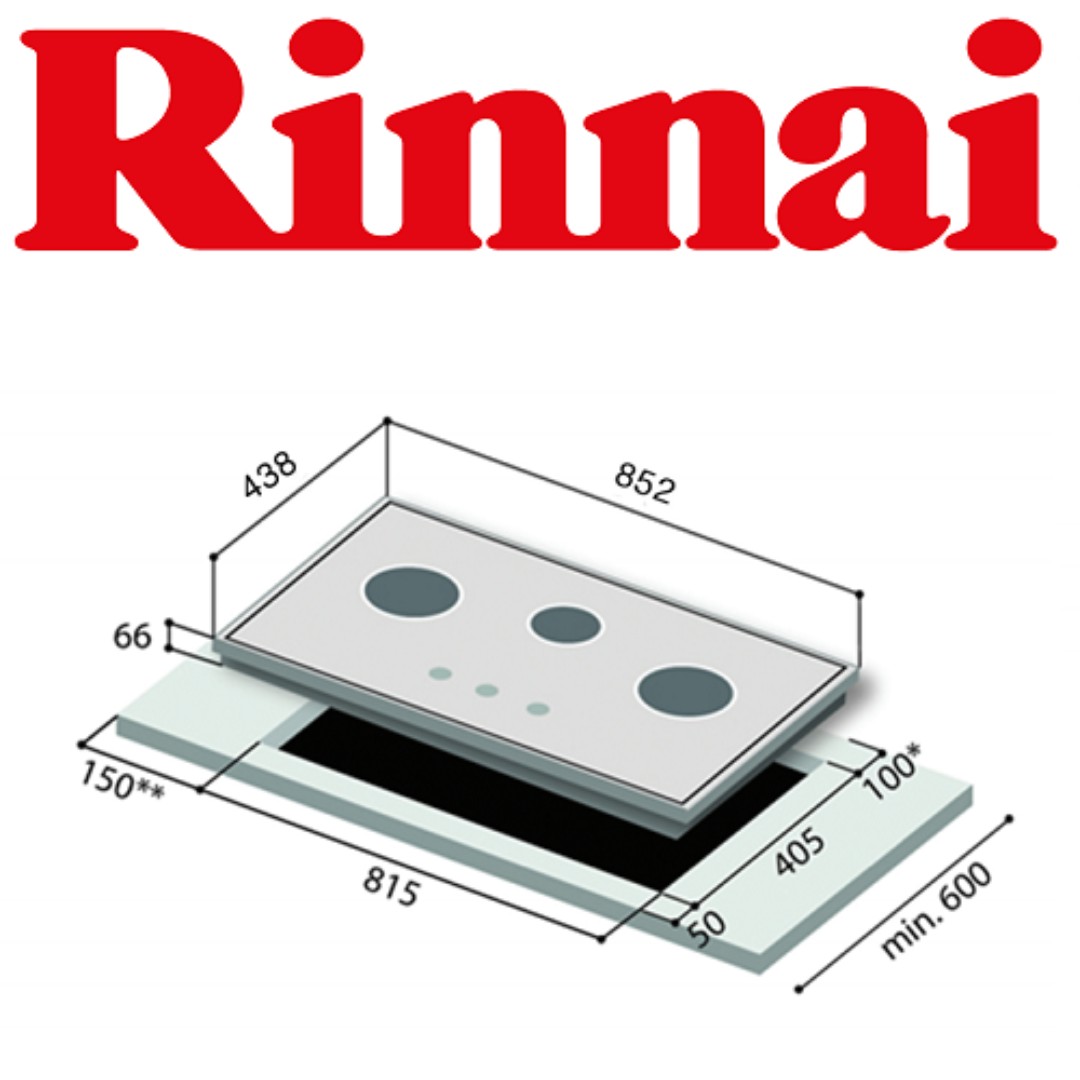 RINNAI RH-S329-PBR 90CM SLIMLINE HOOD WITH TOUCH CONTROL + Rinnai RB-3CGN 3 Burner Built-in ...