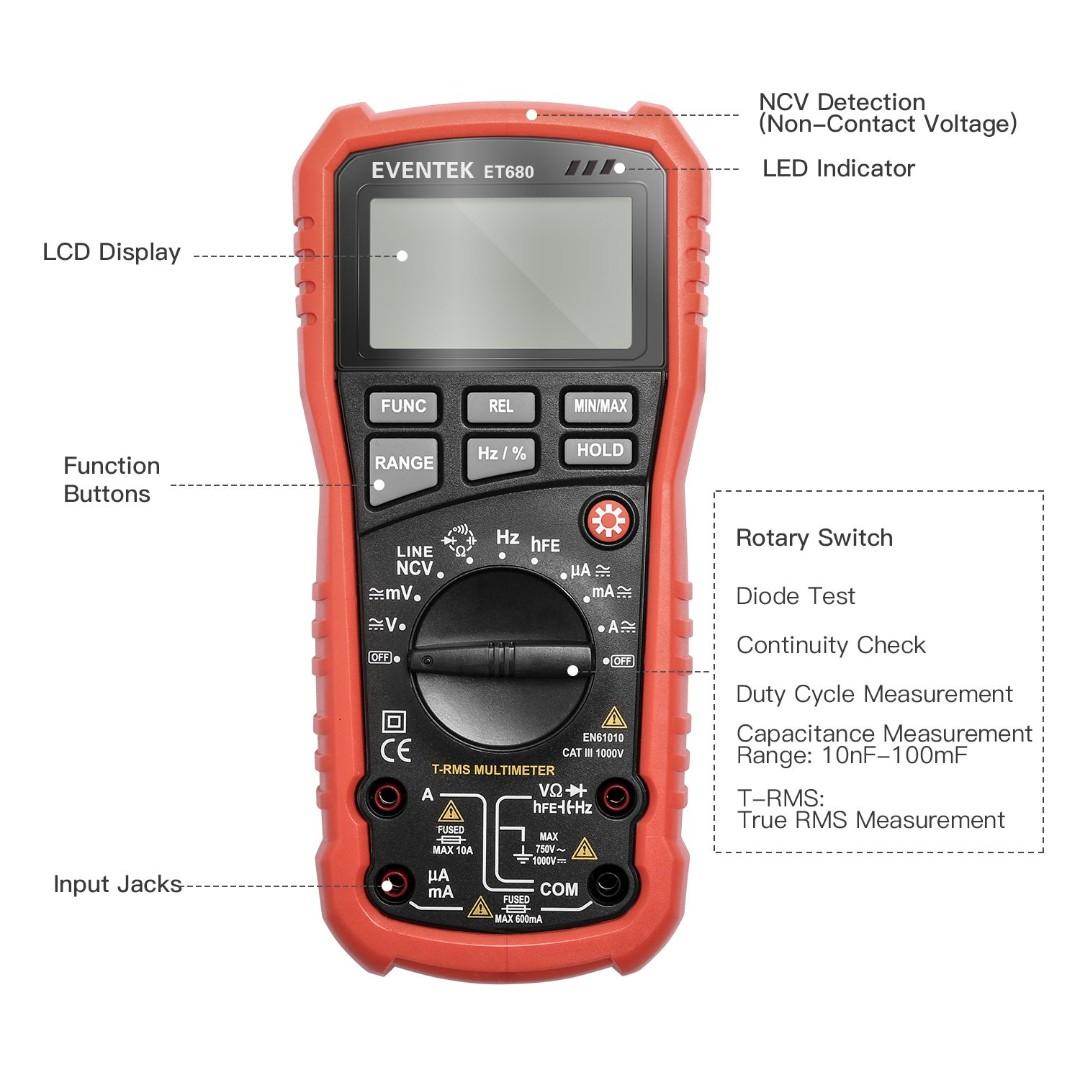 (F133) Digital Multimeter, Eventek ET680 Multi Tester Auto Ranging for ...