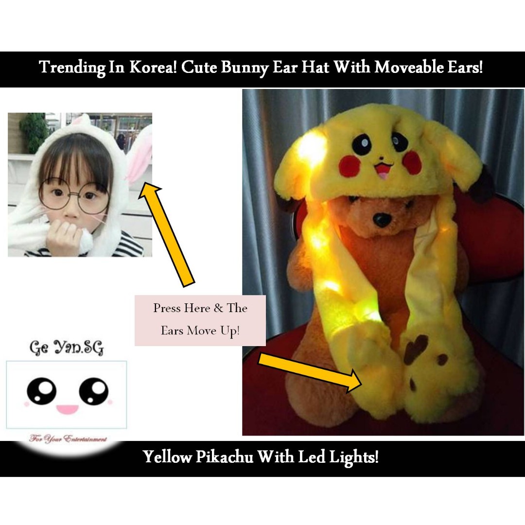 Pikachu Moving Ears Rabbit Bunny Hat with LED Lights, Cute Yellow ...