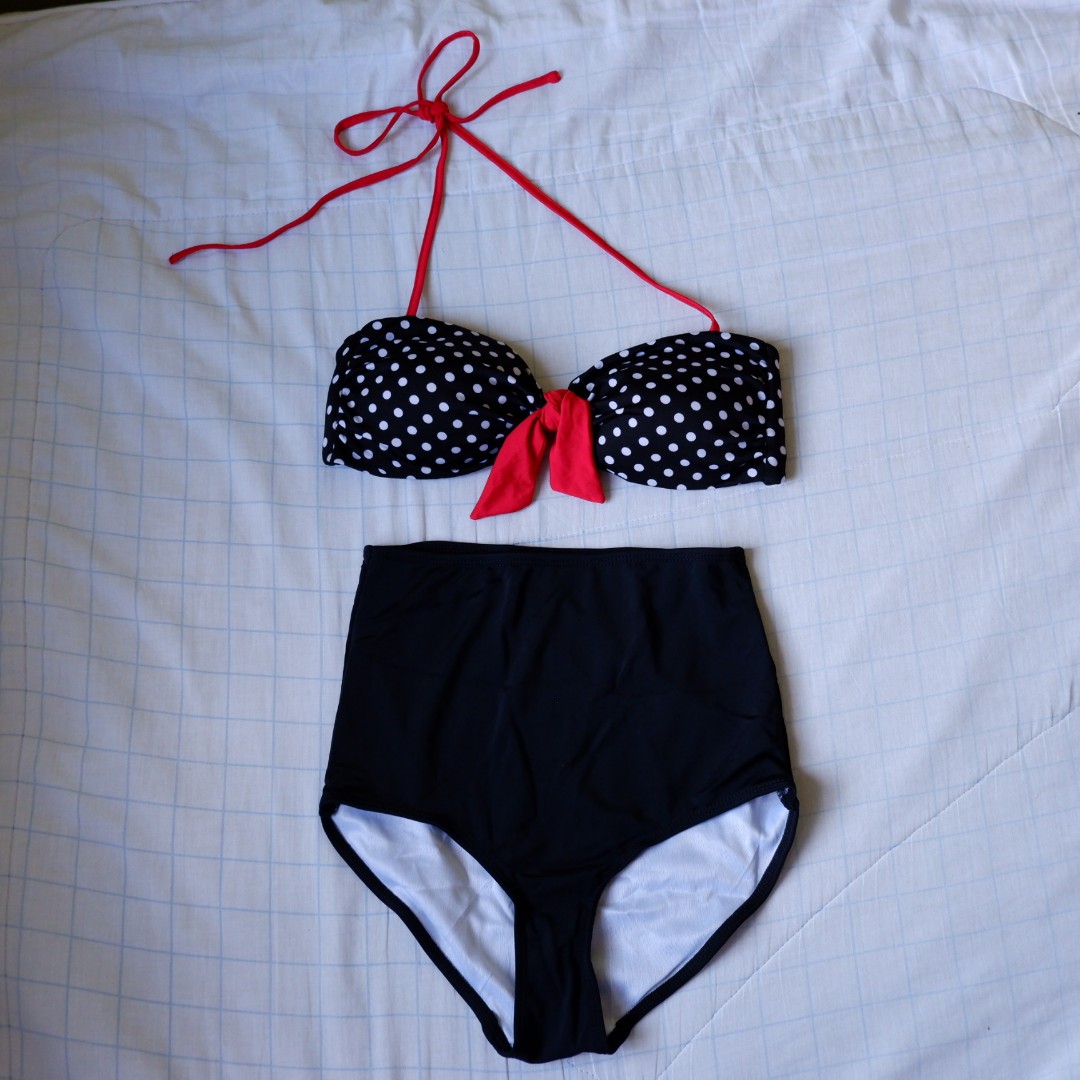 Two-way black polka dot 2-piece swimsuit, Women's Fashion, Swimwear ...