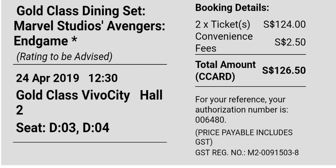 AVENGERS ENDGAME - GV GOLD CLASS TICKETS, Tickets & Vouchers, Event ...