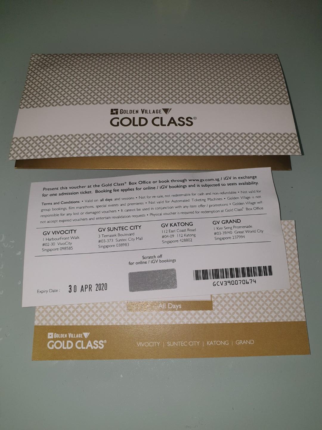 2 X GV Gold Class tix + $40 F&B Vouchers, Tickets & Vouchers, Vouchers ...