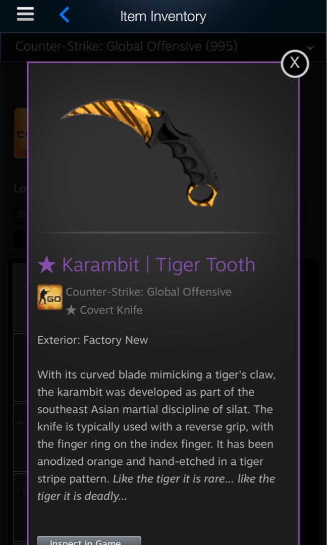 Karambit Tiger Tooth FN, Video Gaming, Gaming Accessories, Game Gift ...