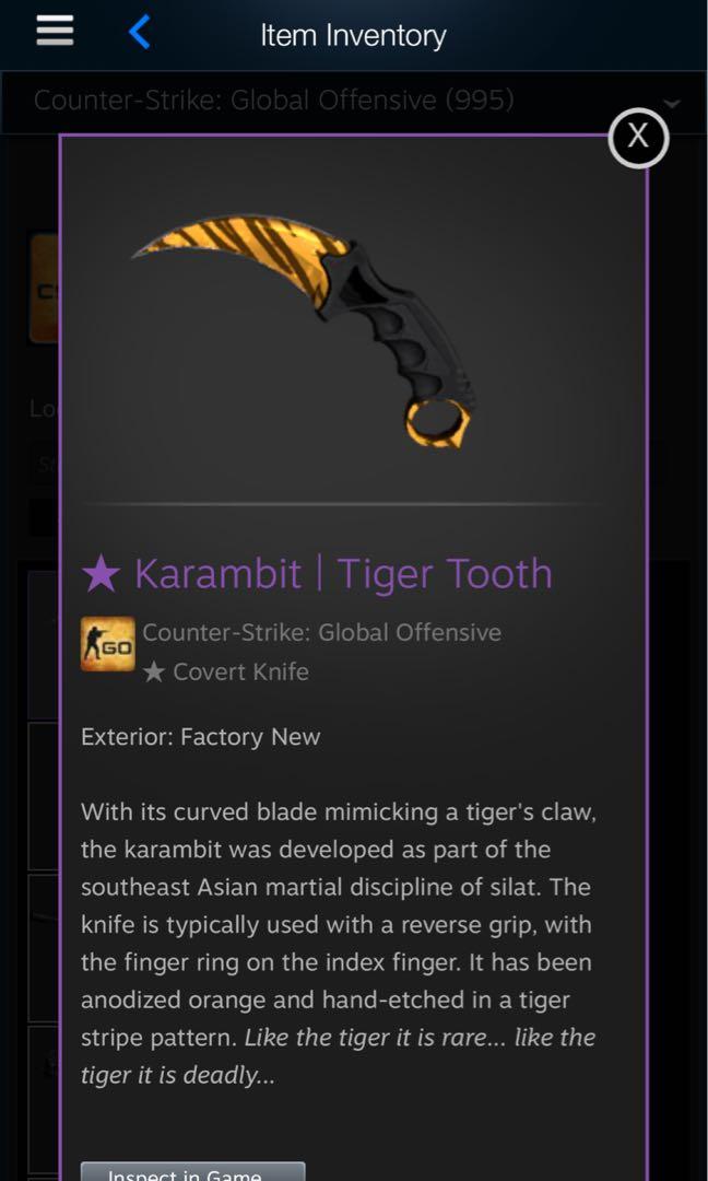 Karambit Tiger Tooth FN, Video Gaming, Gaming Accessories, Game Gift ...