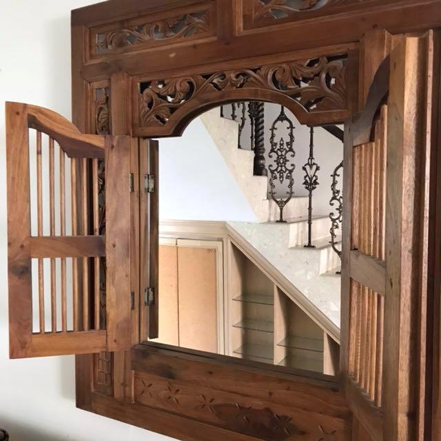 Vintage Hand Carved Balinese Indonesian Teak Window Mirror, Furniture ...
