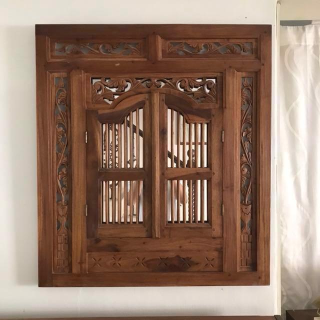 Vintage Hand Carved Balinese Indonesian Teak Window Mirror, Furniture ...