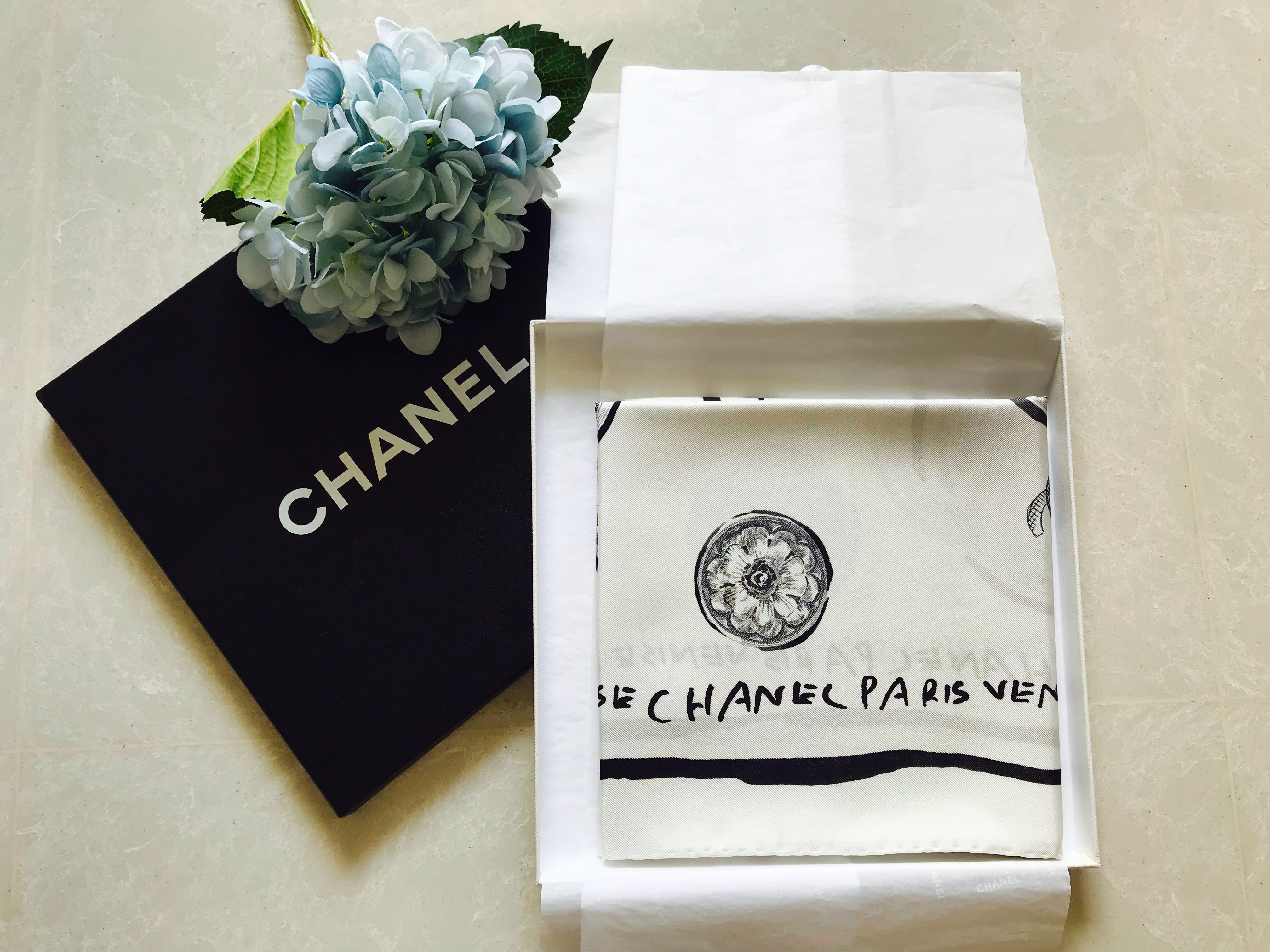 Authentic Chanel Square Silk Scarf - Black & White with signature logo ...