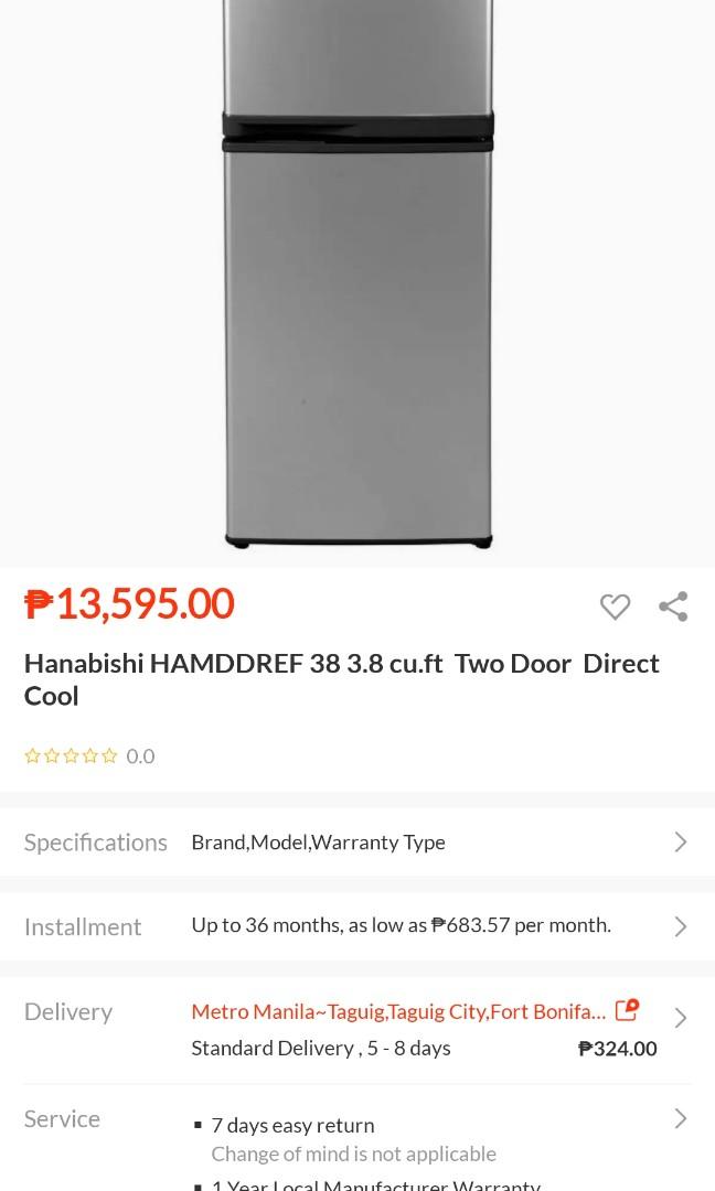 Hanabishi Refrigerator HAMDDREF - 38, TV & Home Appliances, Kitchen ...