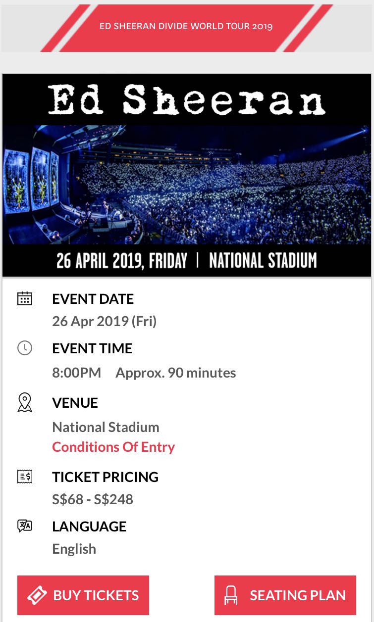 Pair of Ed Sheeran Concert Tickets, Tickets & Vouchers, Event Tickets ...