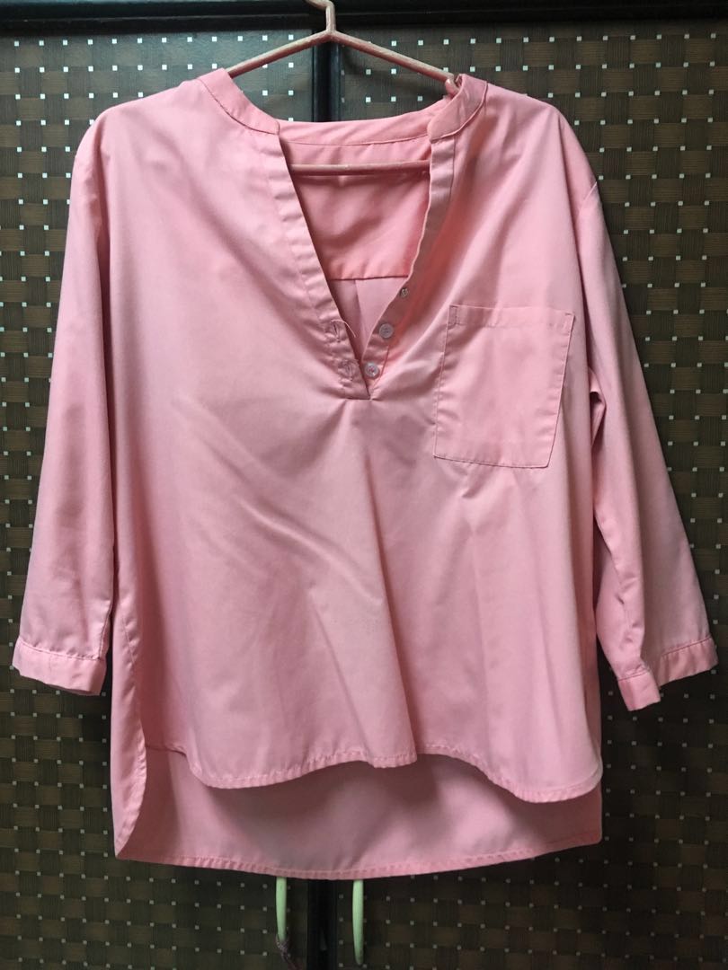 V-Neck Pink Blouse with 3/4 Button-Up Sleeves for Work / Office or Semi ...