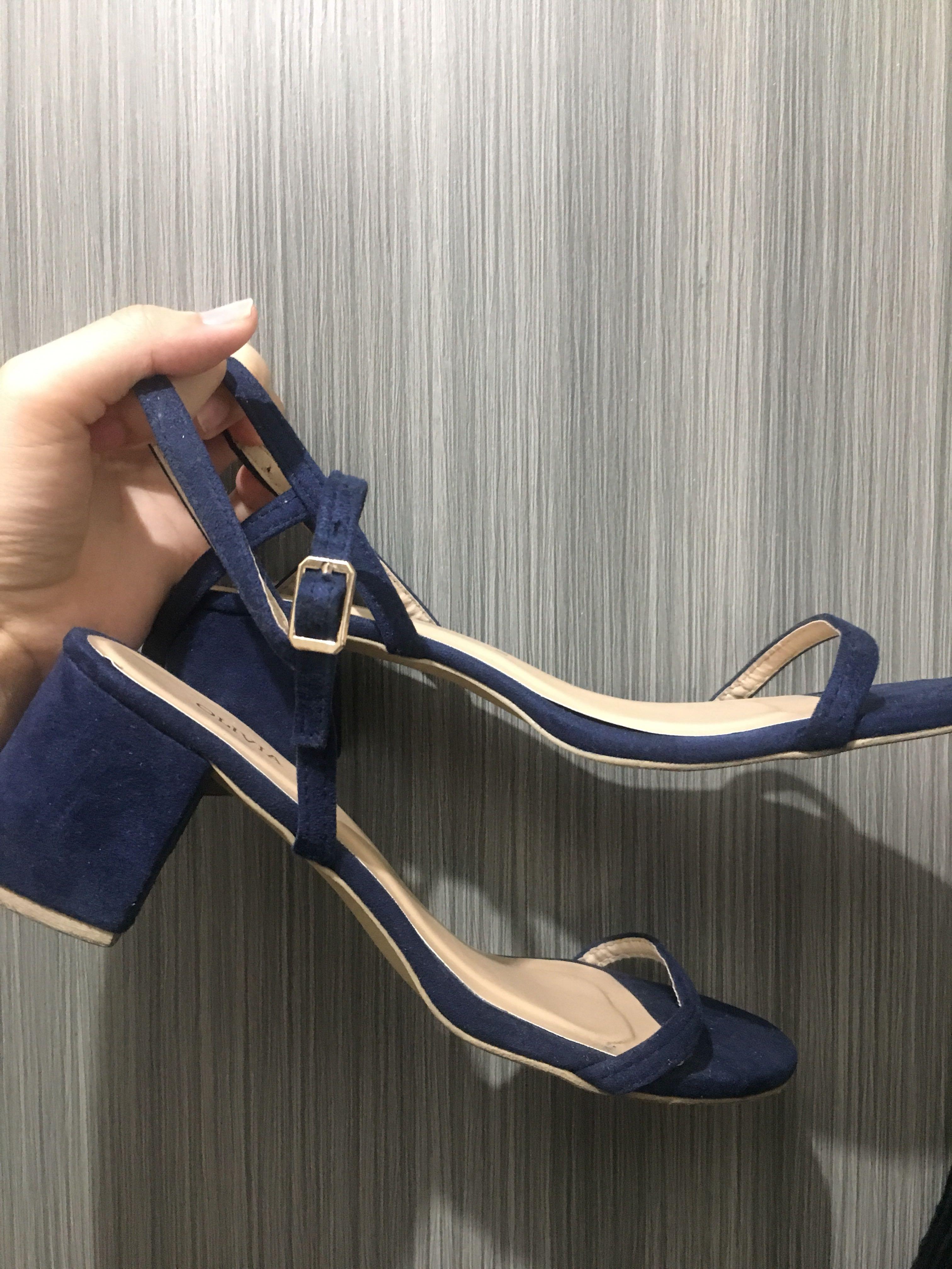 Dark Blue Block Heel, Women's Fashion, Footwear, Slippers and slides on ...