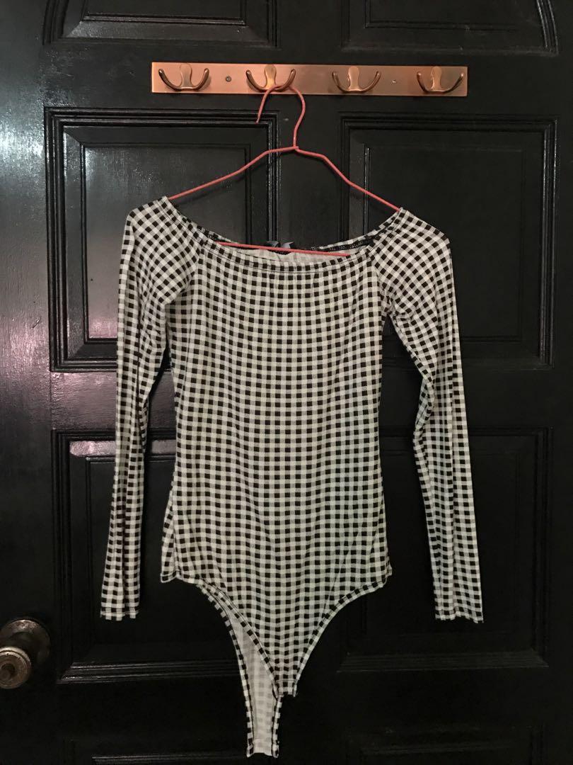 Gingham Bardot Off Shoulder Bodysuit Top Womens Fashion Tops
