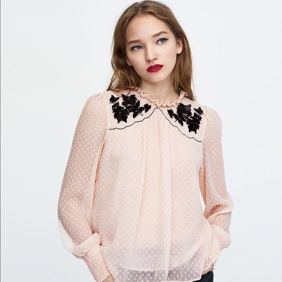 Zara Embroidered Embellished Dotted Mesh Top, Women's Fashion, Tops, Blouses on Carousell