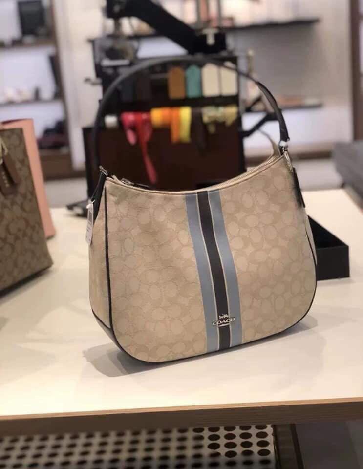 Authentic coach zip shoulder Bag in signature jacquard with stripe ...