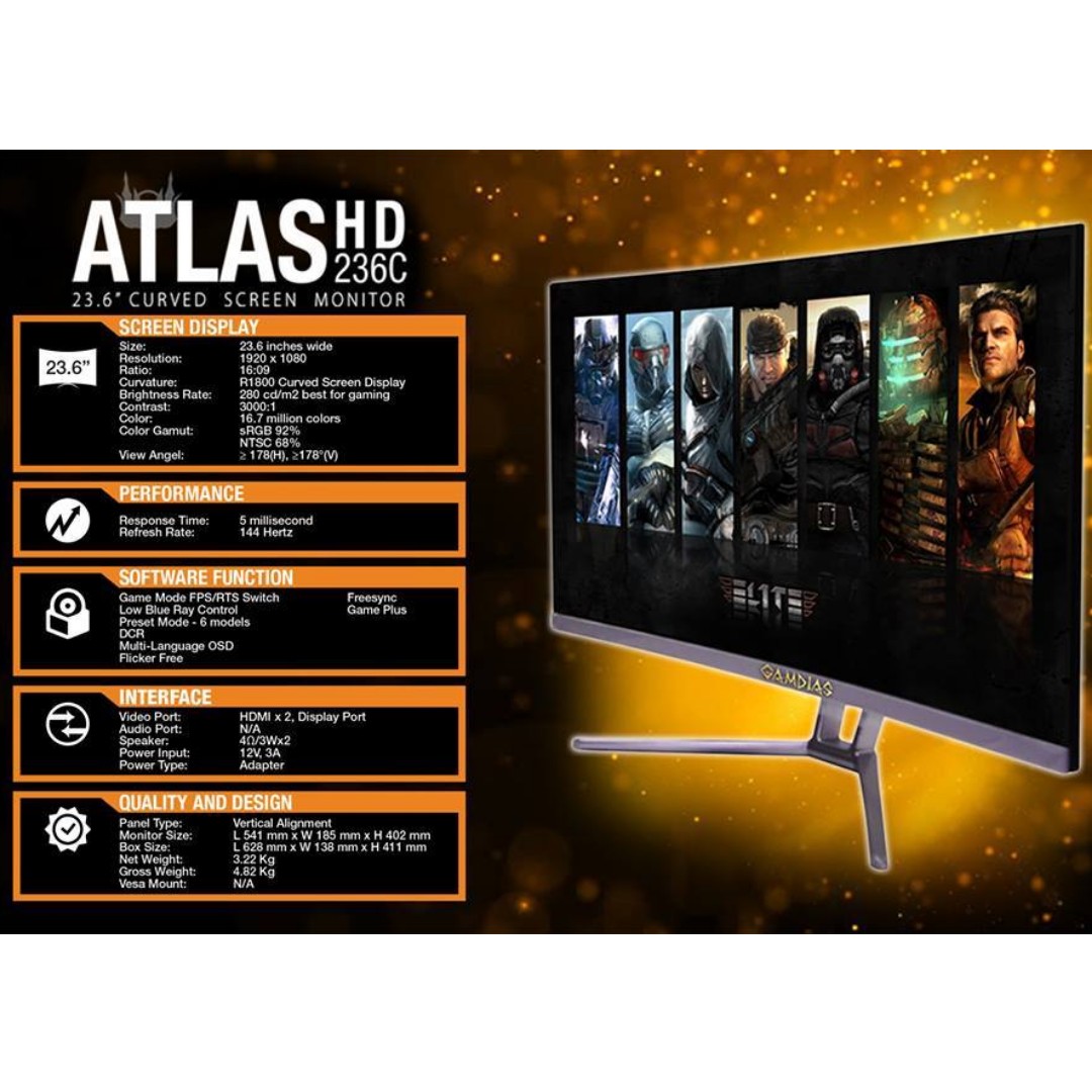 Gamdias ATLAS HD 23.6" 144Hz Curved Screen Monitor, Computers & Tech ...