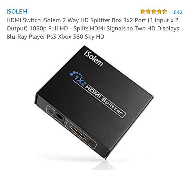 HDMI Switch iSolem 2 Way HD Splitter Box 1x2 Port (1 Input x 2 Output ...