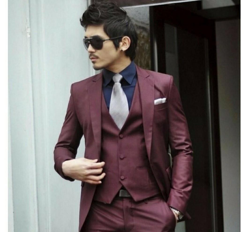 Maroon suit men 3pc free tie wedding suits formal suits, Men's Fashion ...