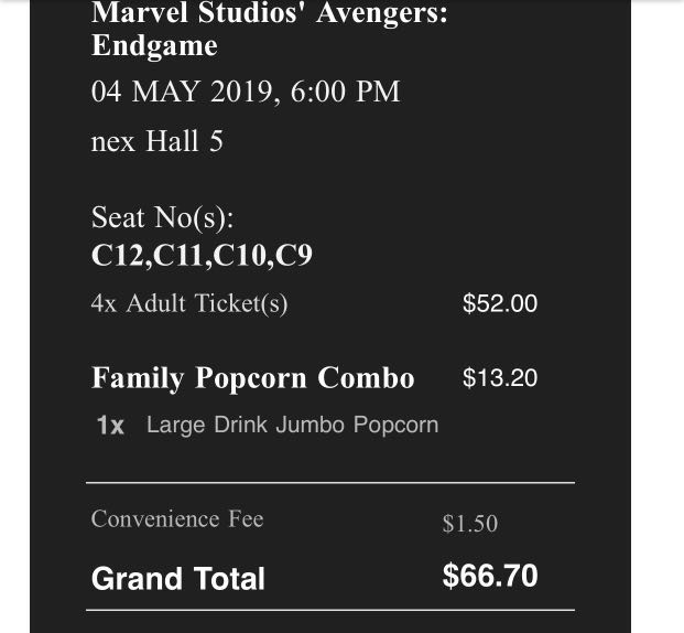 Marvels endgame. Selling 4 movie tickets for NEX cinema., Tickets ...