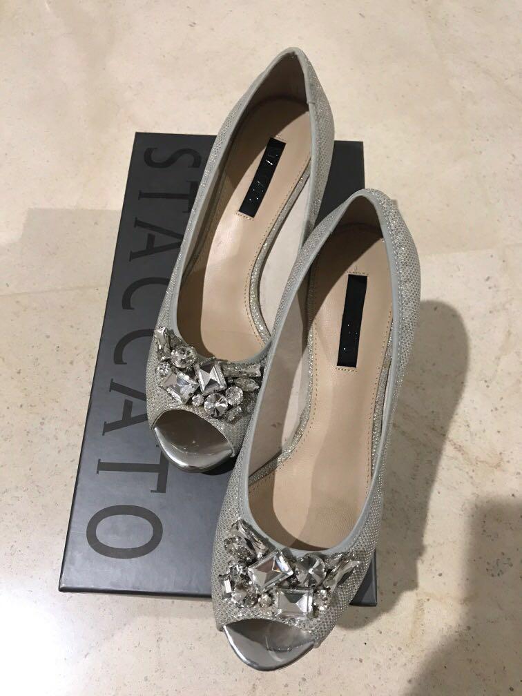 Staccato Crystal Embellished Silver Wedge, Women's Fashion, Footwear ...