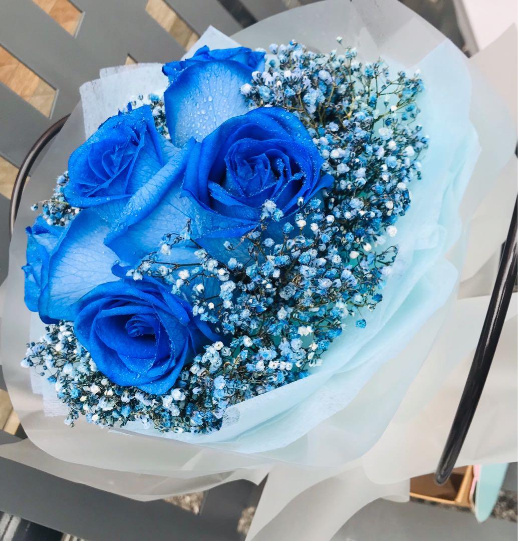 Royal blue premium rose and blue baby breaths bouquet, Hobbies & Toys ...