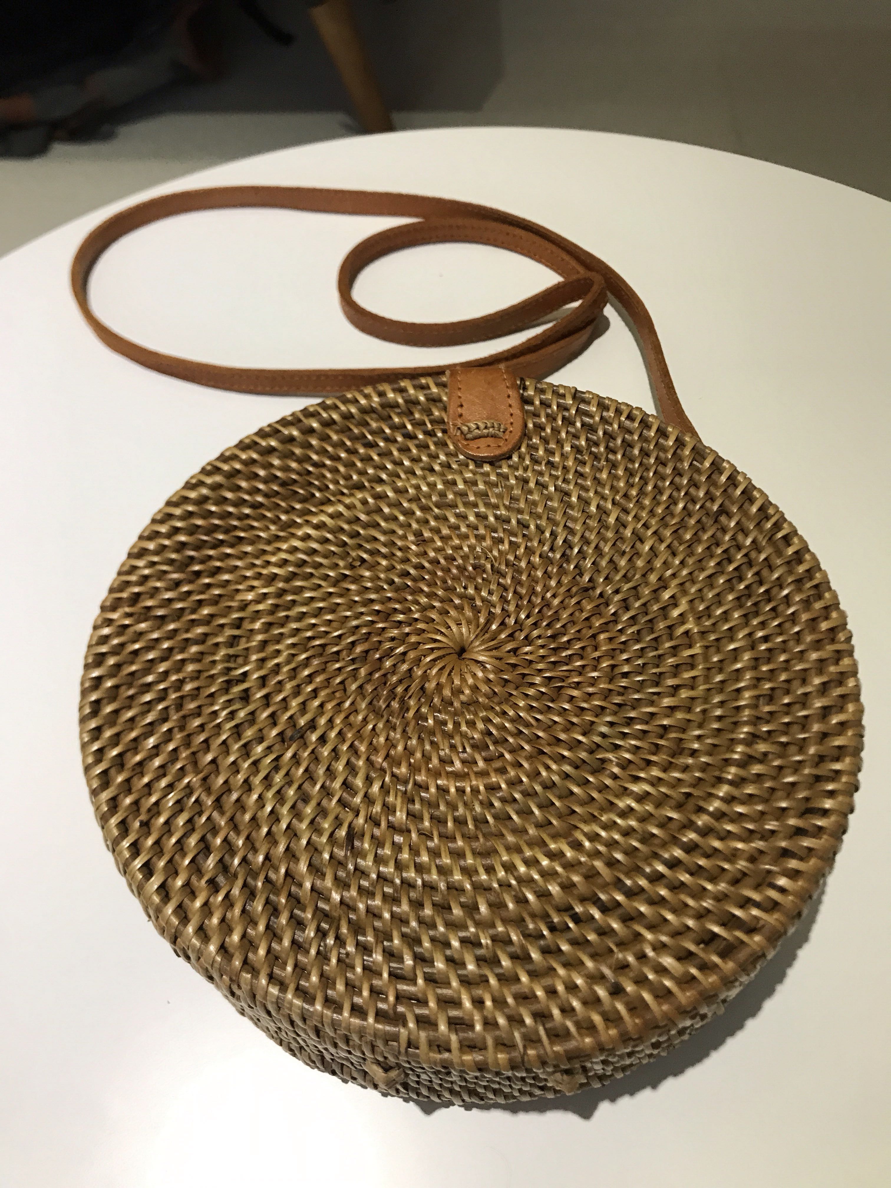 Round Rattan Bag with Purple batik lining, Women's Fashion, Bags ...