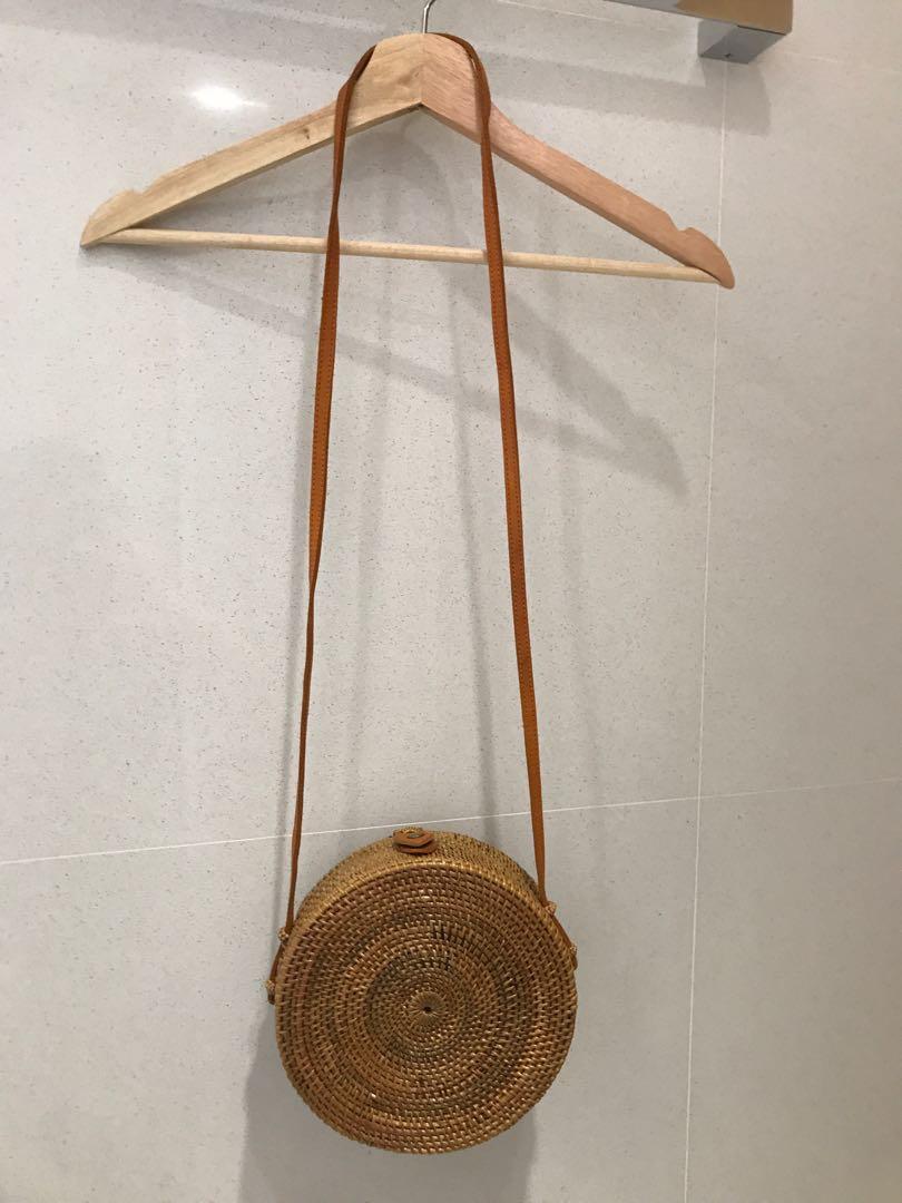 Round Rattan Bag with Purple batik lining, Women's Fashion, Bags ...