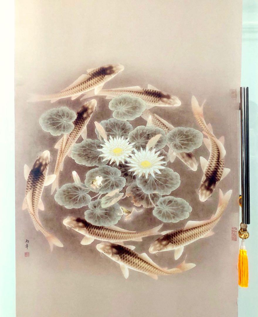 Chinese Painting Nine Koi Soft Partition / Curtain, Furniture & Home ...