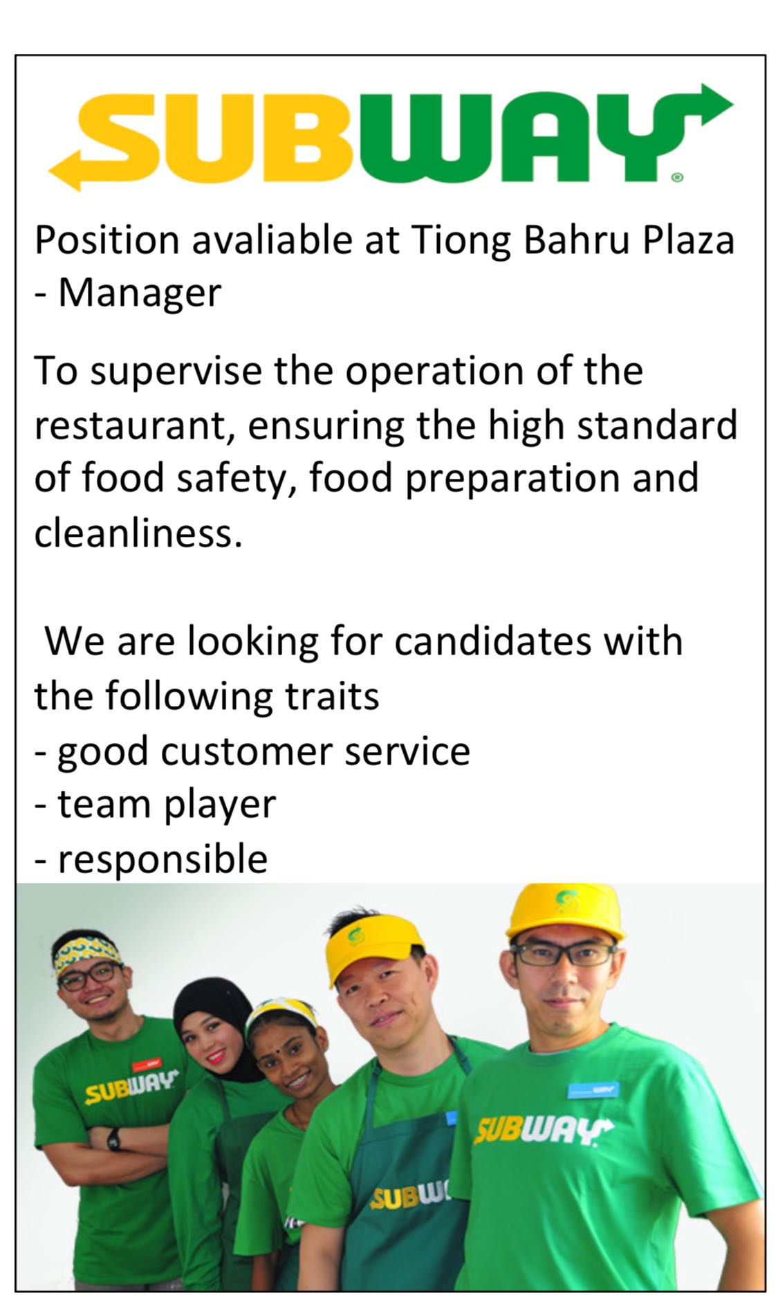 Manager, Subway, Jobs, Hospitality, F&B on Carousell