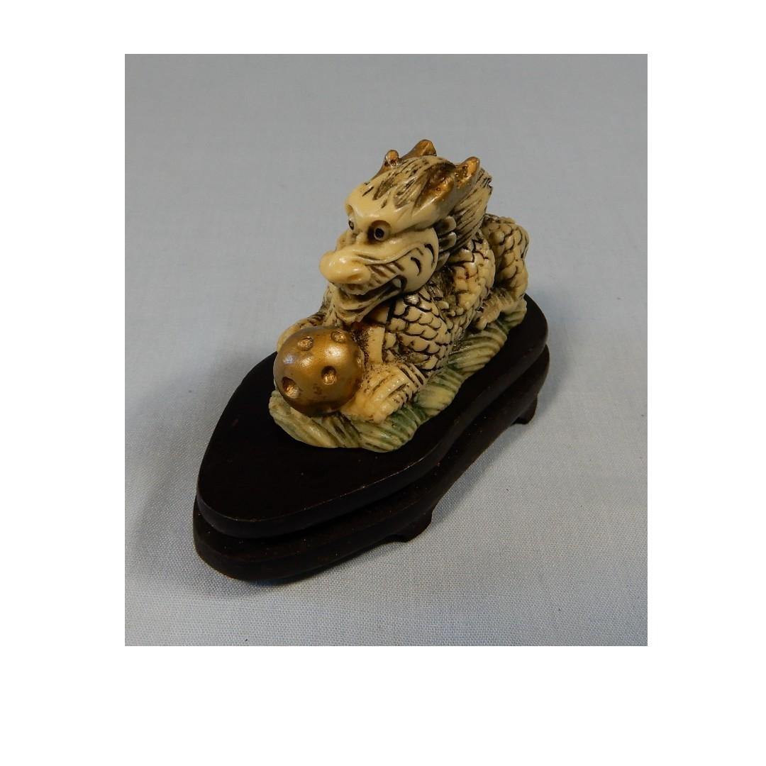 Antique Japanese Netsuke Dragon Fireball wood stand circa mid Century ...