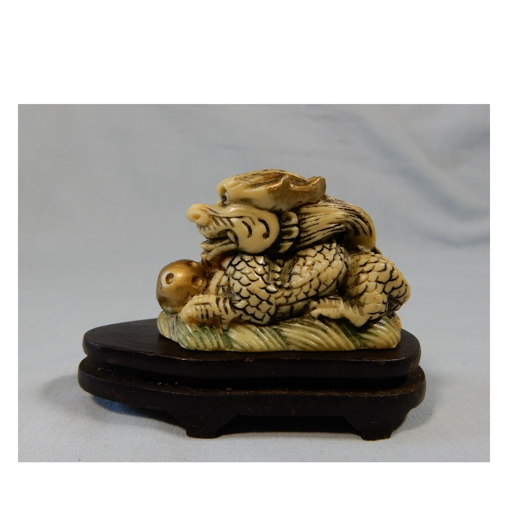 Antique Japanese Netsuke Dragon Fireball wood stand circa mid Century ...