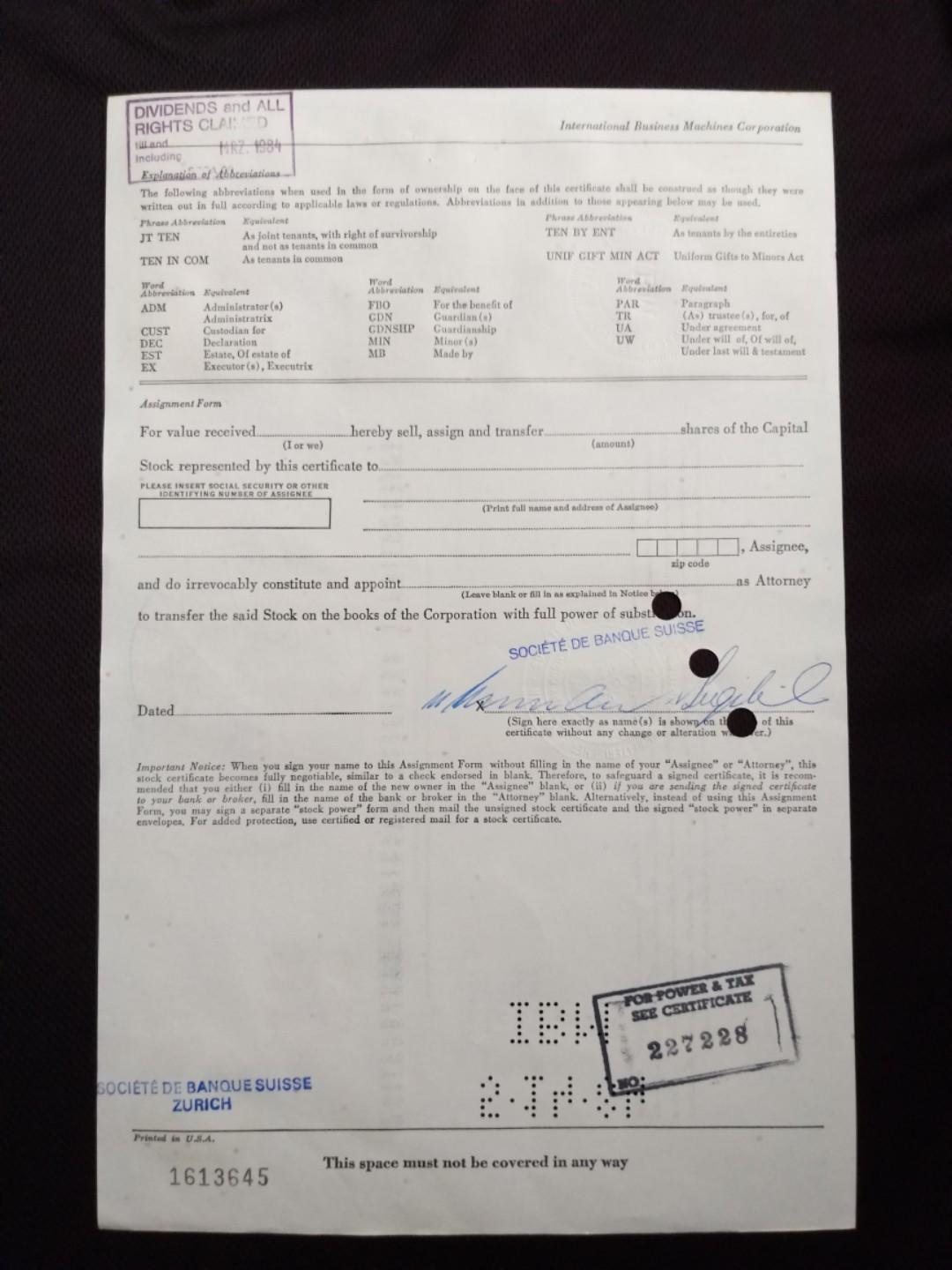 International Business Machines IBM Stock Certificate, Hobbies & Toys ...