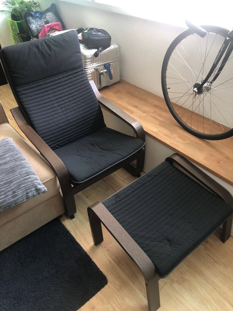 Ikea Poang Armchair & Footstool Knisa black color, Furniture & Home ...