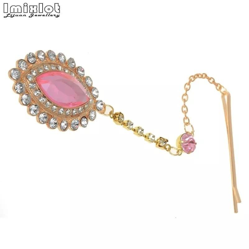 Pink Indian Pakistani traditional tika bindi mang head jewellery chain ...