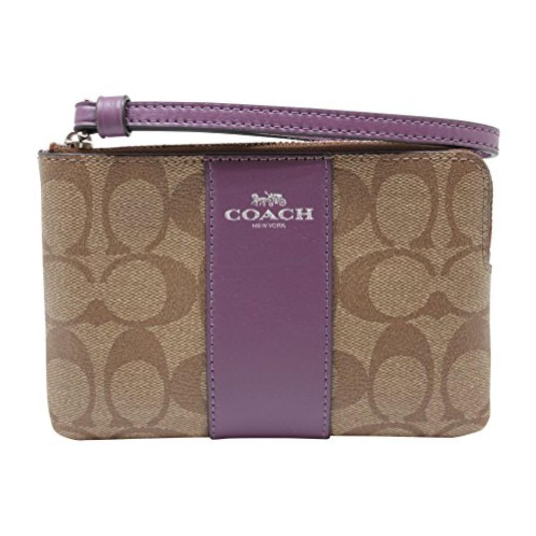 Coach F58035 Signature PVC Leather Corner Zip Wristlet Light Khaki ...
